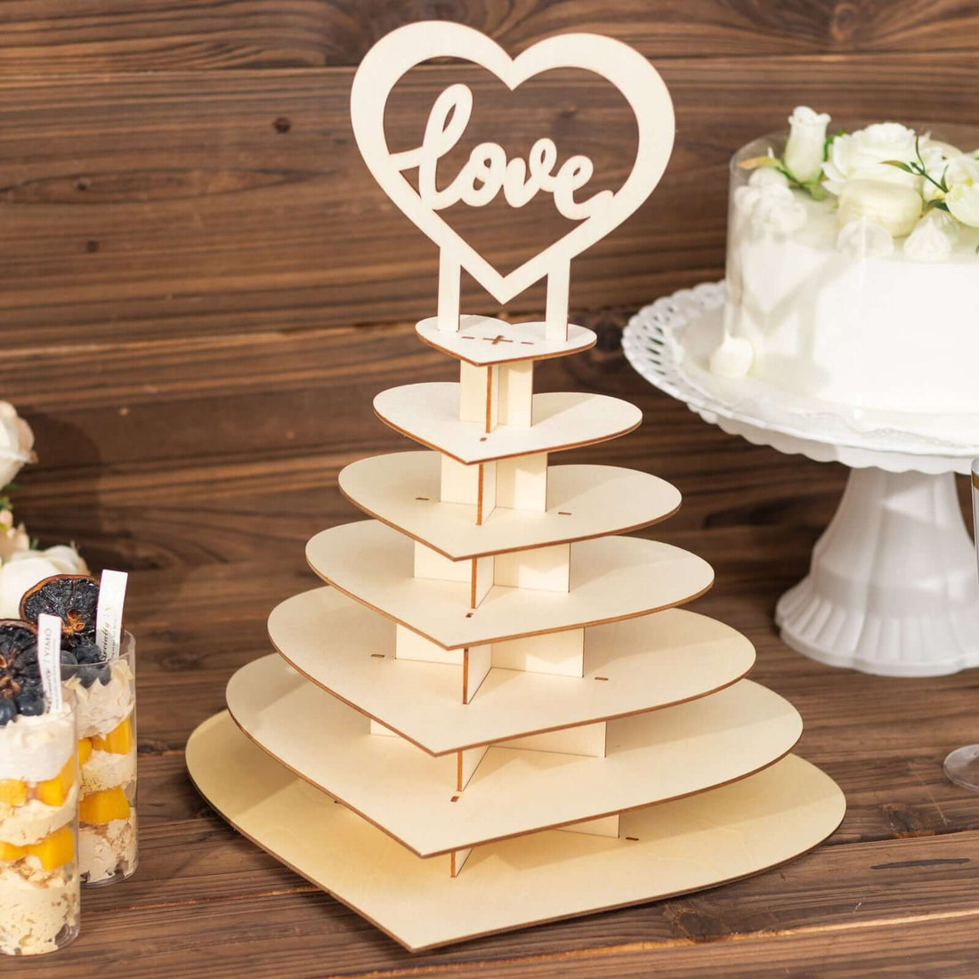 7-Tier Heart Wooden Chocolate Display Stand Natural 16" | eFavormart