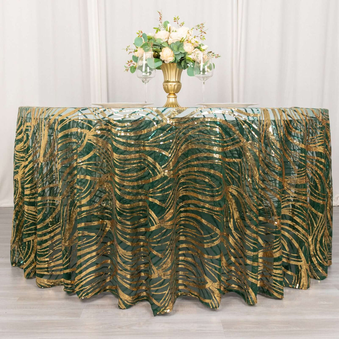 Sequins Tablecloth 120" Emerald Green Gold | eFavormart
