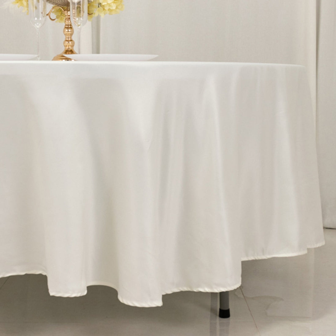 Lamour Satin Round Tablecloth 108" Ivory | eFavormart