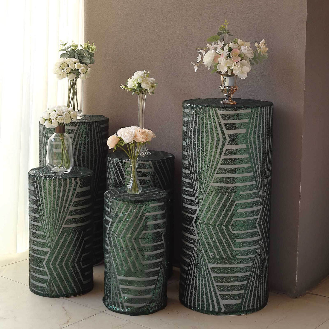 5 Green Sequin Mesh Cylinder Pillar Prop Covers | eFavormart