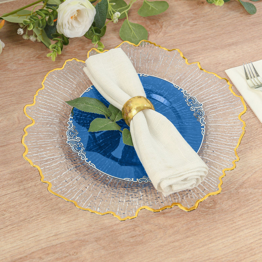 Embossed Rim Plastic Salad Plates 8" Navy Blue/Silver | eFavormart