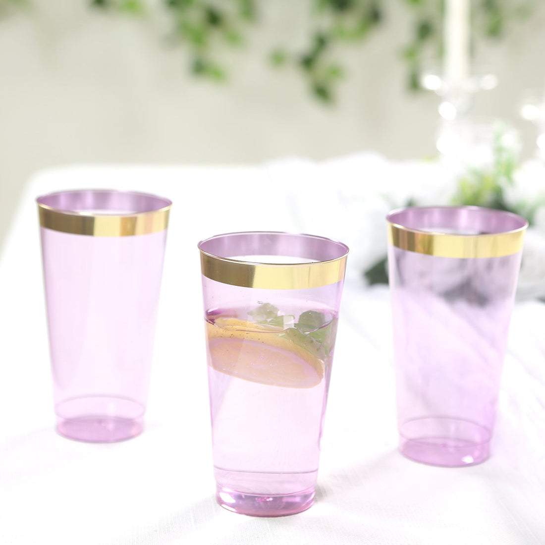 Plastic Party Cups 17oz Transparent Purple with Gold Rim | eFavormart