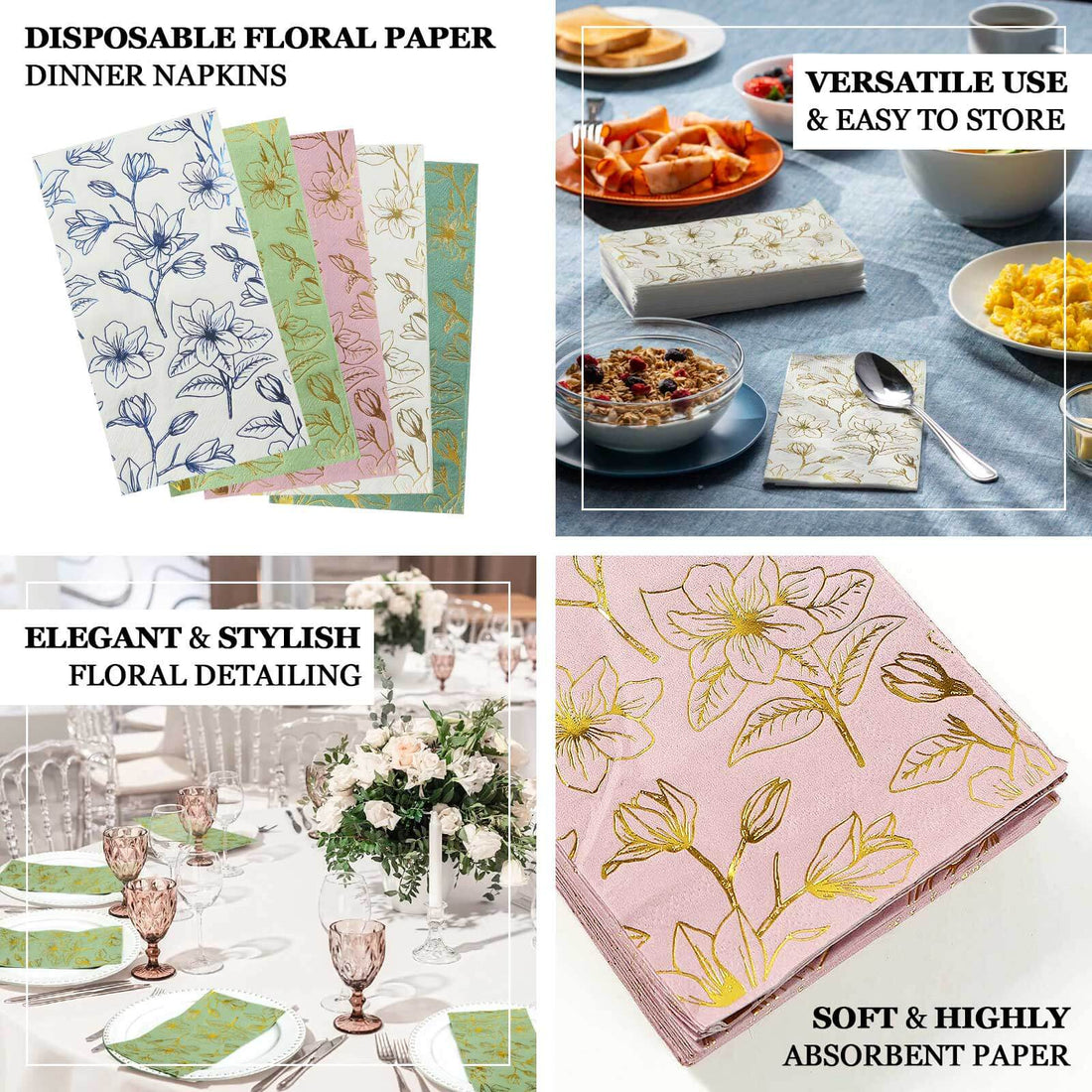 50pk Paper Napkins 2-Ply White/Blue Floral | eFavormart