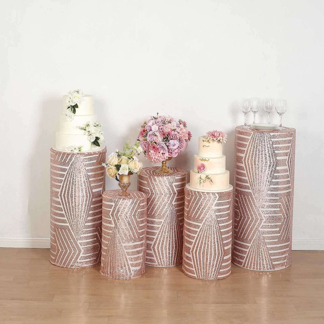 5 Rose Gold Sequin Mesh Cylinder Pillar Prop Covers | eFavormart