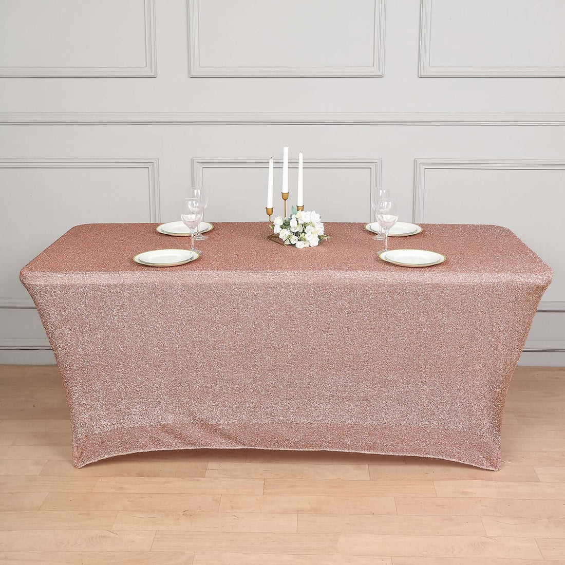 Tinsel Spandex Tablecloth 72"x30" Rose Gold | eFavormart