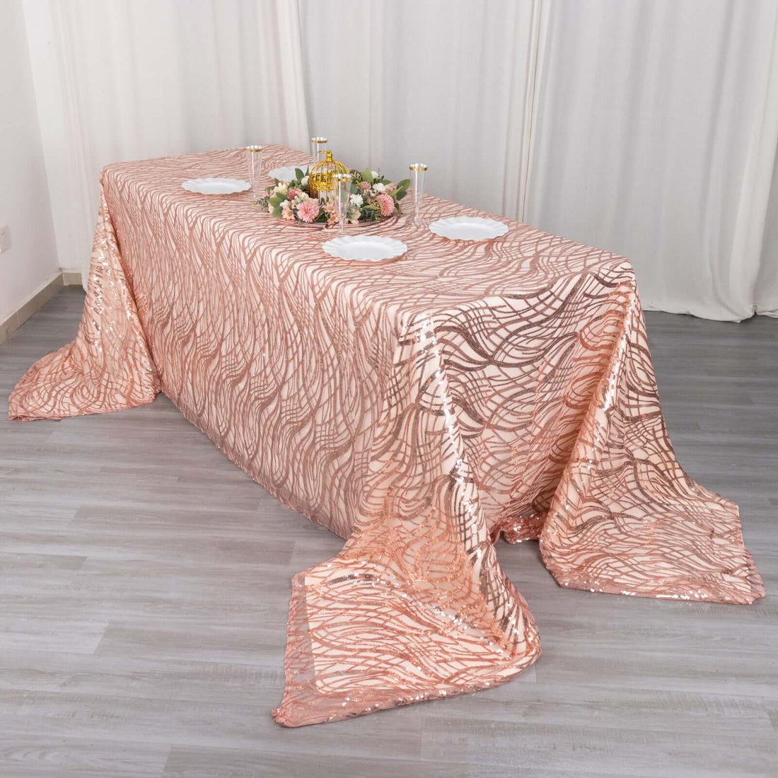 Sequins Mesh Tablecloth 90"x156" Rose Gold | eFavormart
