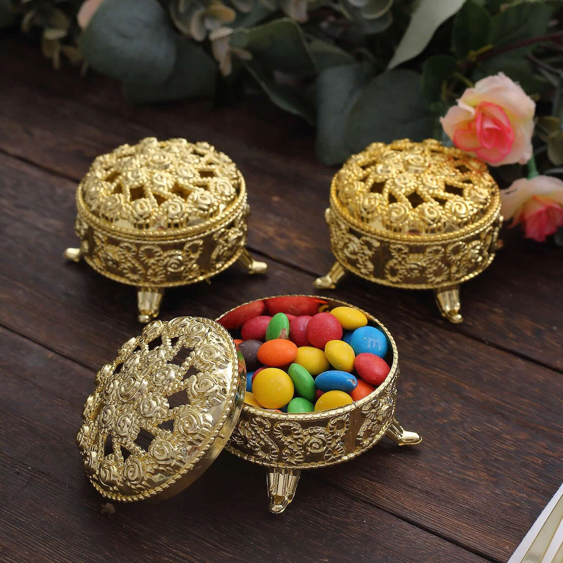 Mini Vintage Round Candy Containers Gold 2.5" | eFavormart
