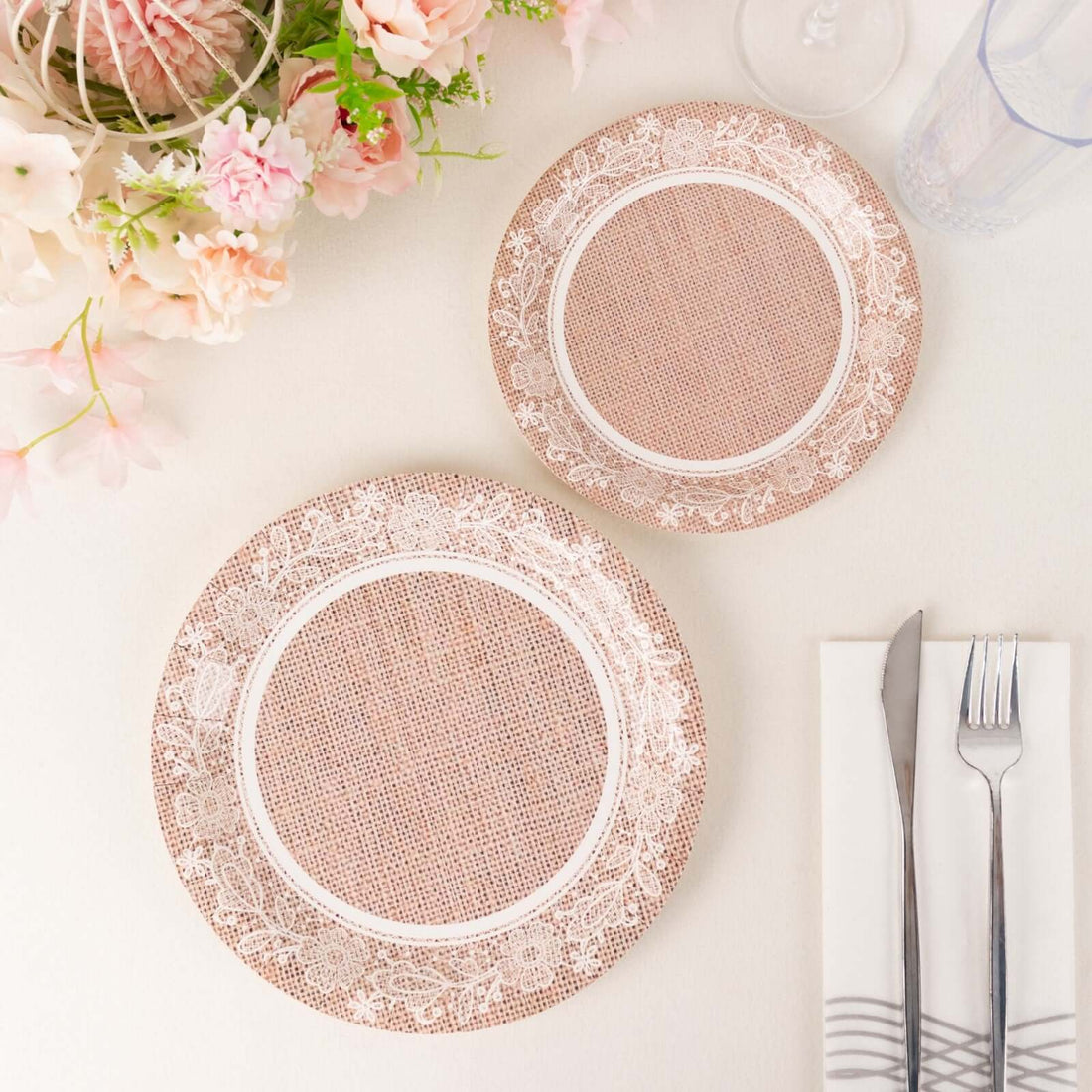 Paper Round Dinner Plates 9" Natural Burlap Print | eFavormart