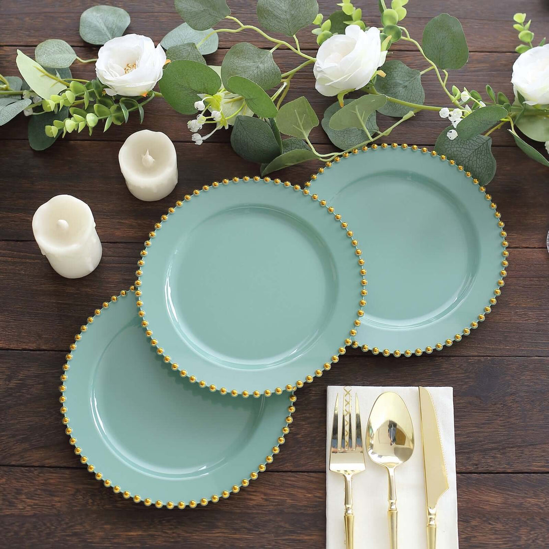 10pk Apps Plates Plastic Gold Rim Dusty Sage | eFavormart