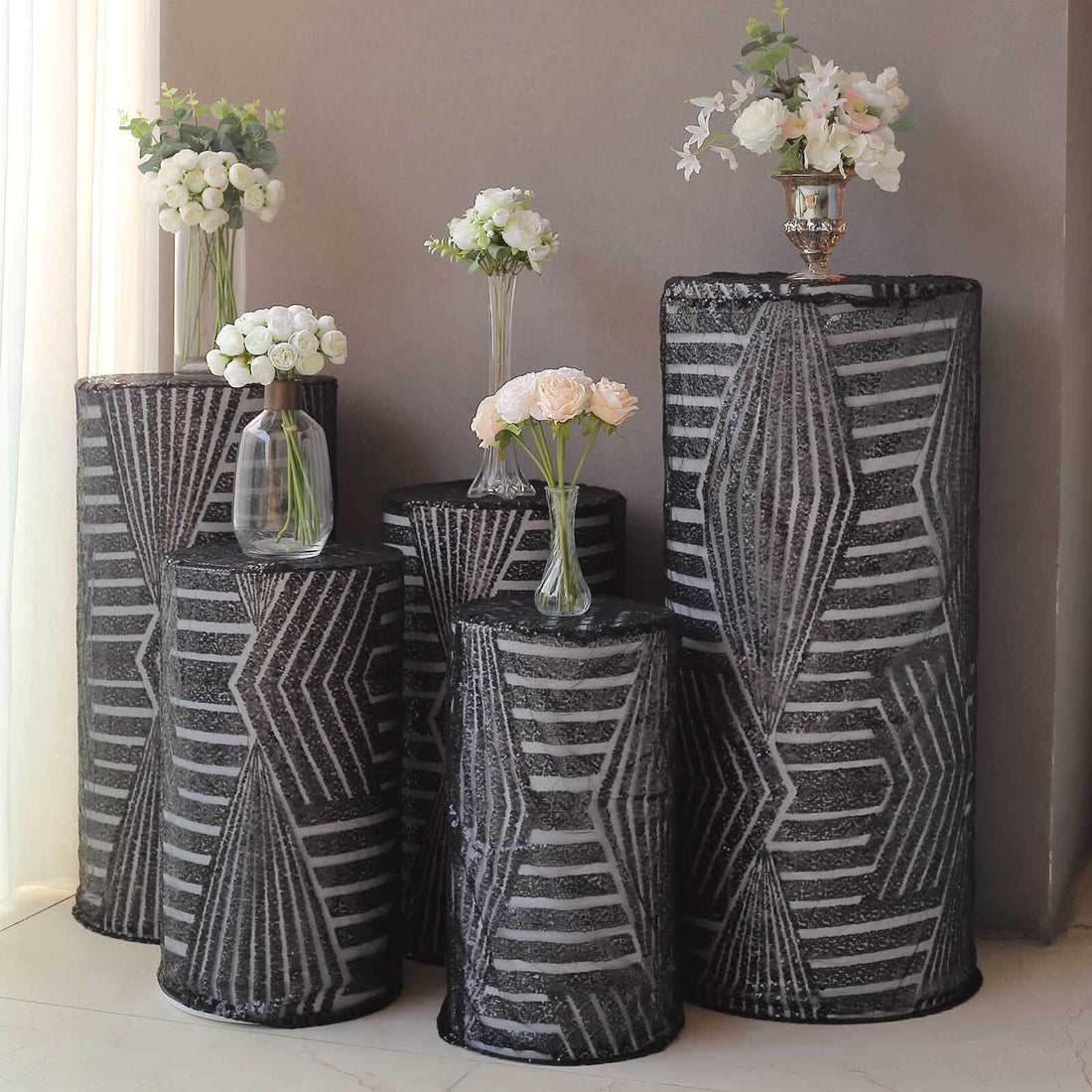 5 Black Sequin Mesh Cylinder Pillar Prop Covers | eFavormart