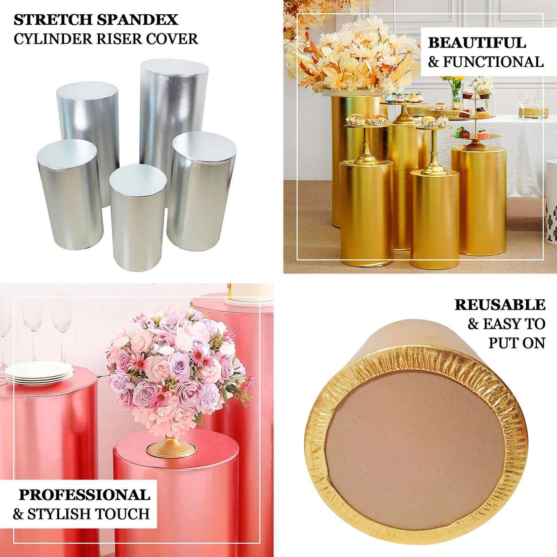 5 Metallic Silver Cylinder Pillar Prop Covers | eFavormart