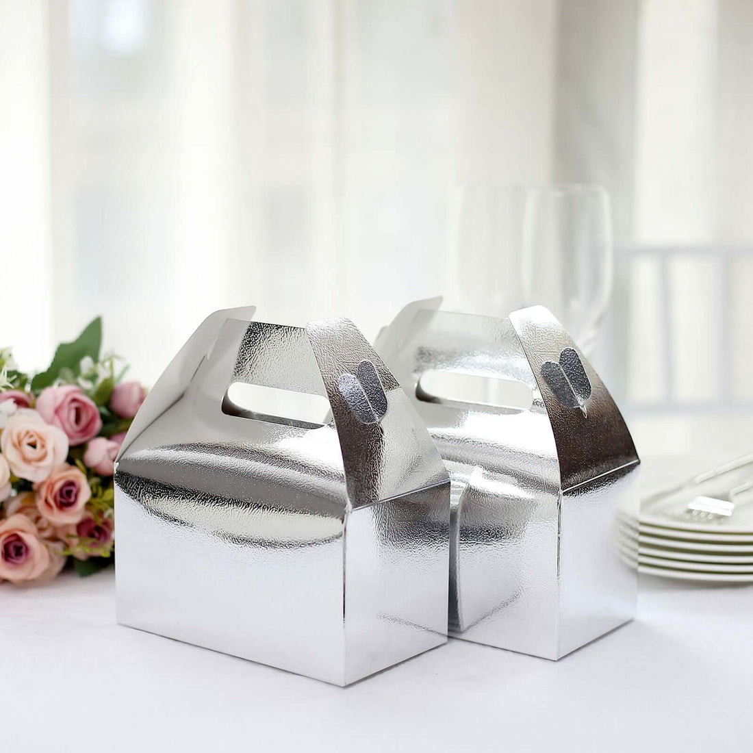 25-Pack Metallic Silver Tote Gable Boxes | eFavormart