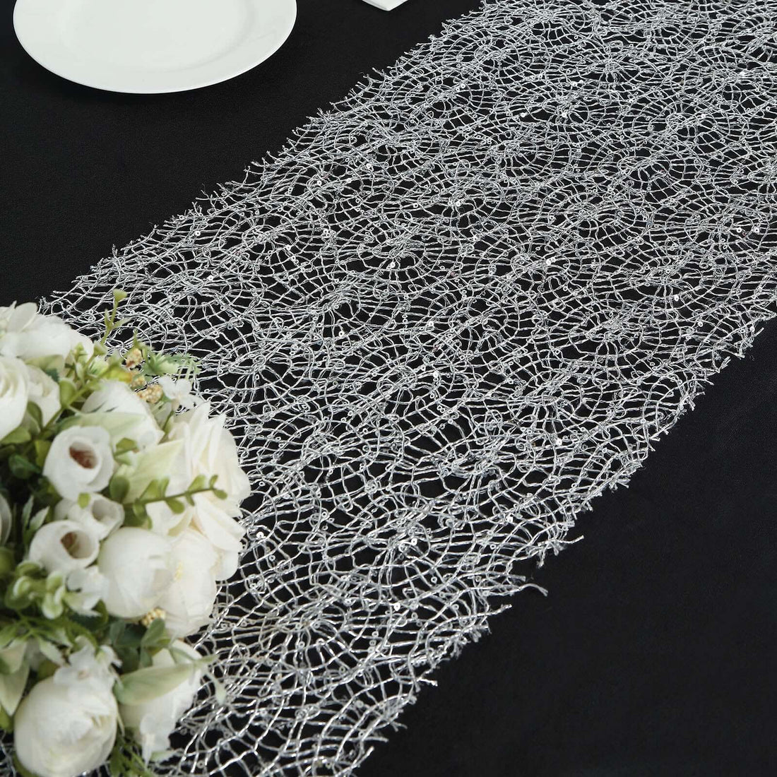 Schiffli Lace Table Runner 12"x108" Silver | eFavormart