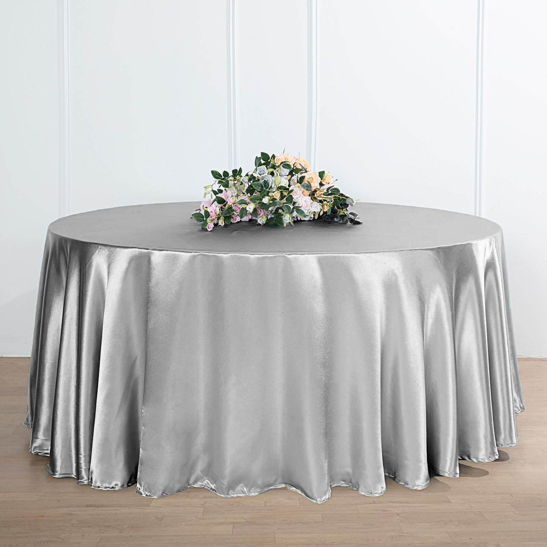 Satin Round Tablecloth 120" Silver | eFavormart