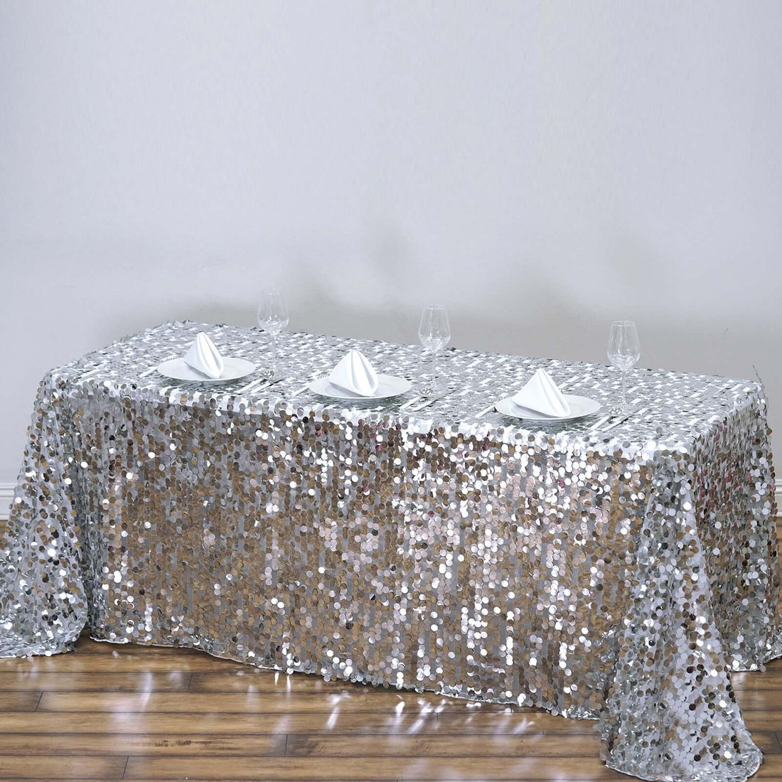 Payette Sequin Tablecloth 90"x156" Silver | eFavormart