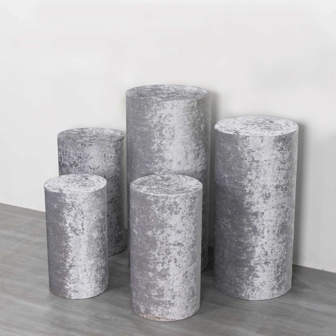 5 Silver Crushed Velvet Cylinder Pillar Prop Covers | eFavormart