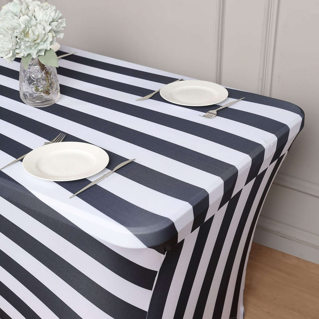 Striped Spandex Tablecloth 8ft Black/White | eFavormart