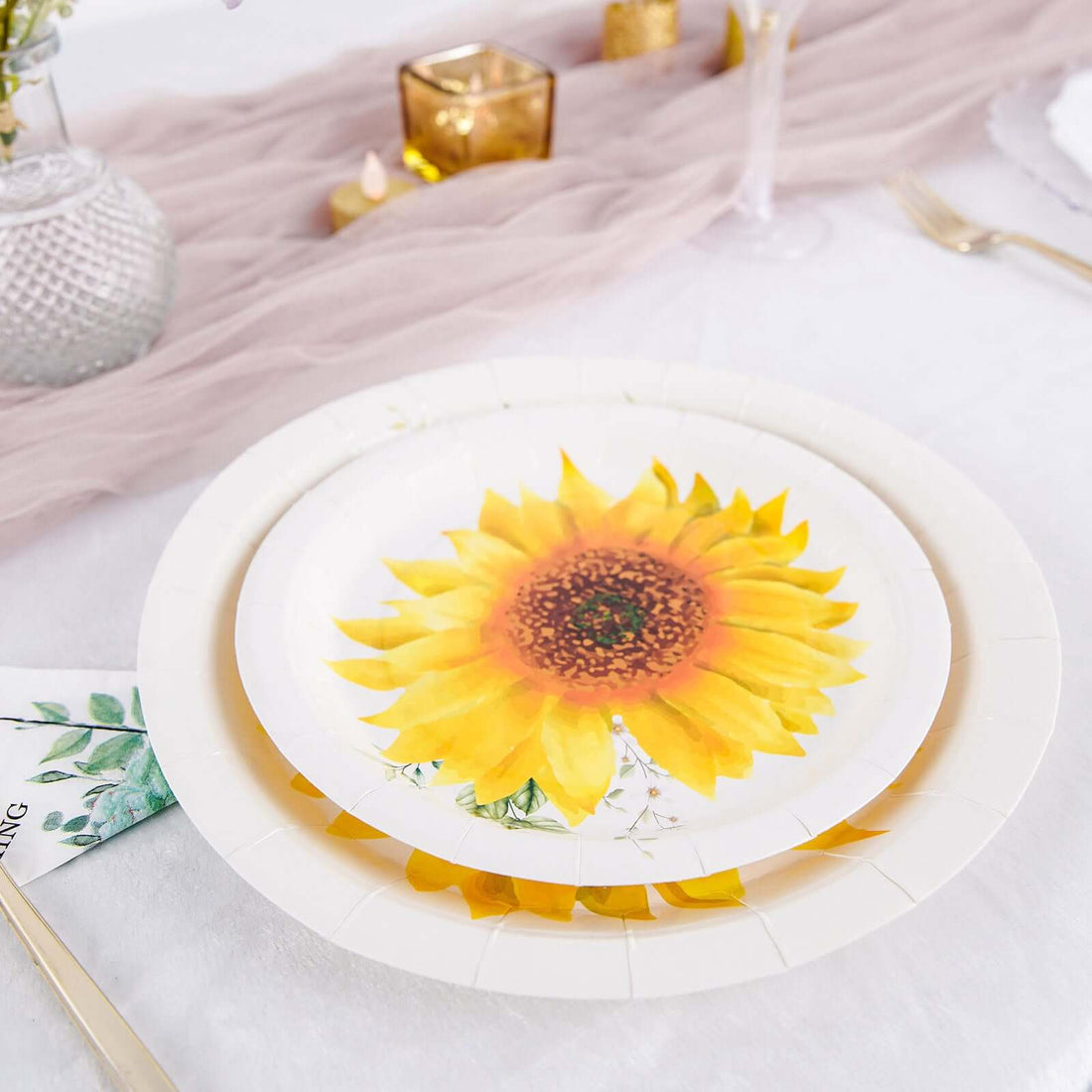 Paper Round Dessert Plates 7" White with Sunflower Print | eFavormart
