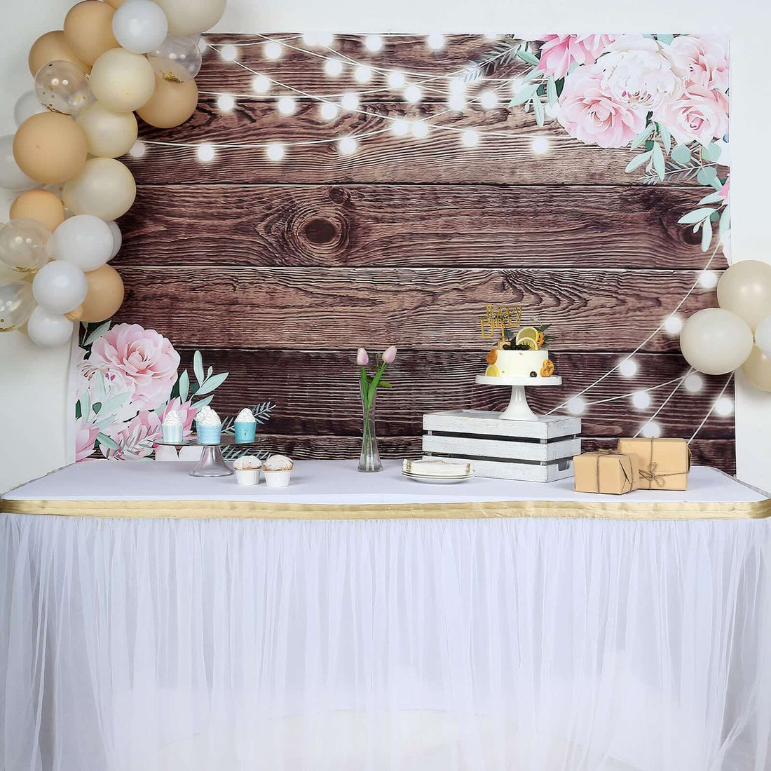 Rustic Wood String Lights Vinyl Backdrop | eFavormart