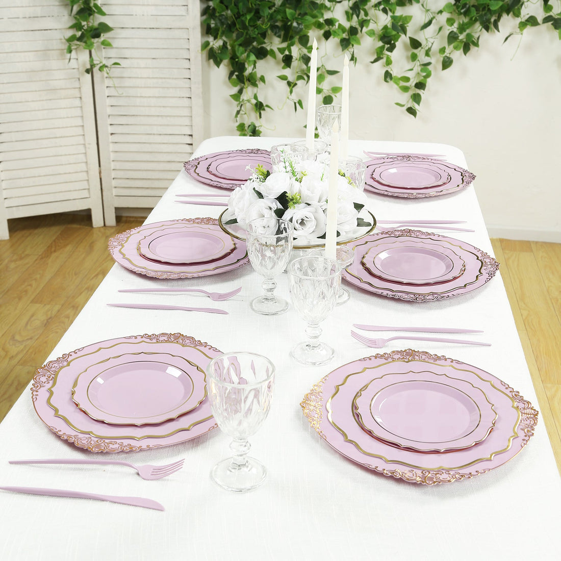 Plastic Charger Plates Lavender w/ Gold Rim | eFavormart