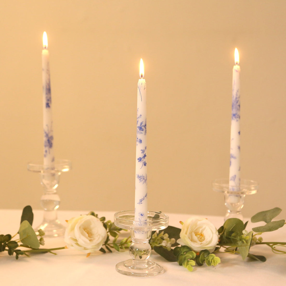 White & Blue French Toile Wax Taper Candles | eFavormart