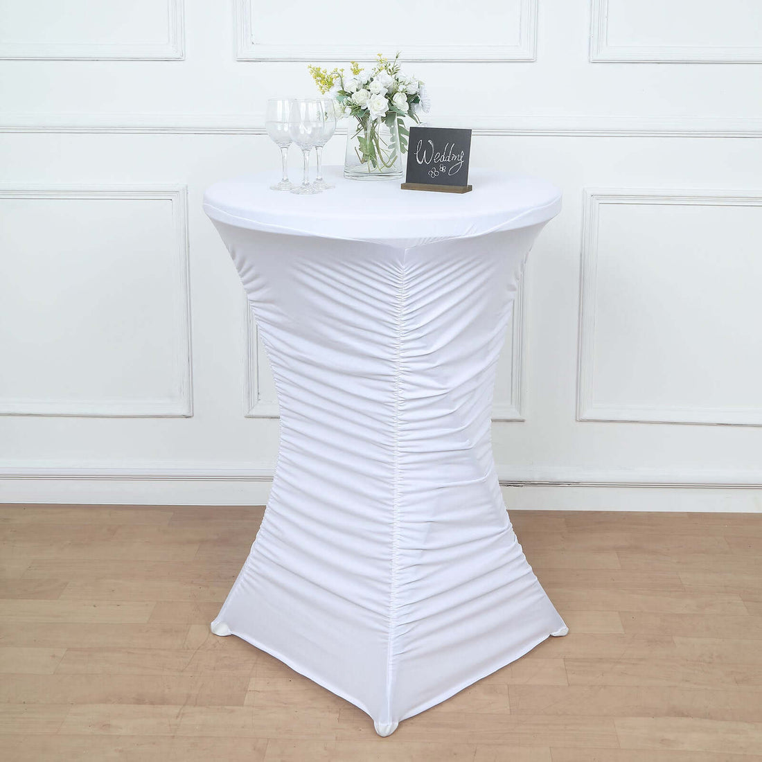 Ruched Spandex Cocktail Table Cover 32" White | eFavormart