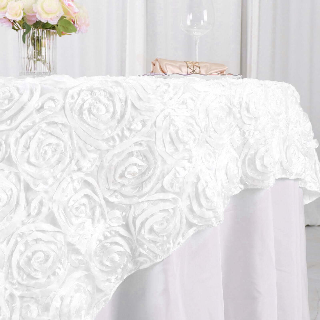 Rosette Satin Table Overlay 72"x72" White | eFavormart
