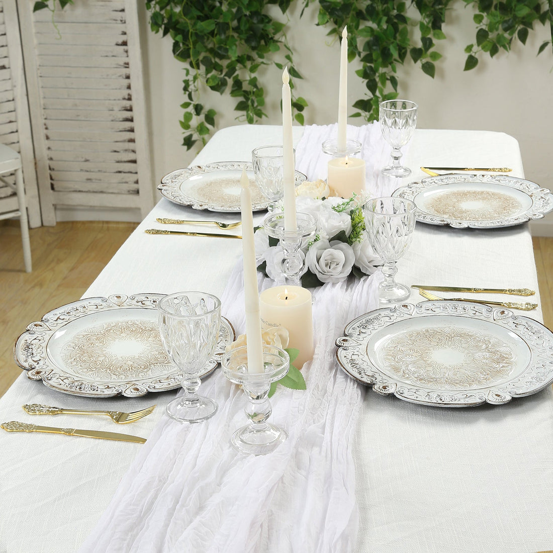 6-Pack Round Antique White Floral Acrylic Chargers | eFavormart