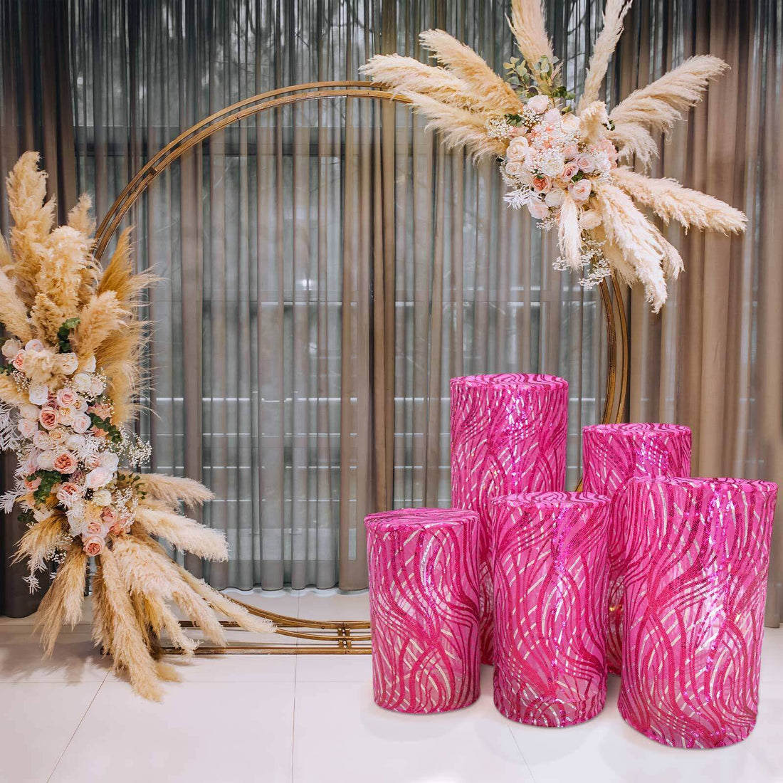 5 Fuchsia Wave Mesh Cylinder Pillar Prop Covers | eFavormart