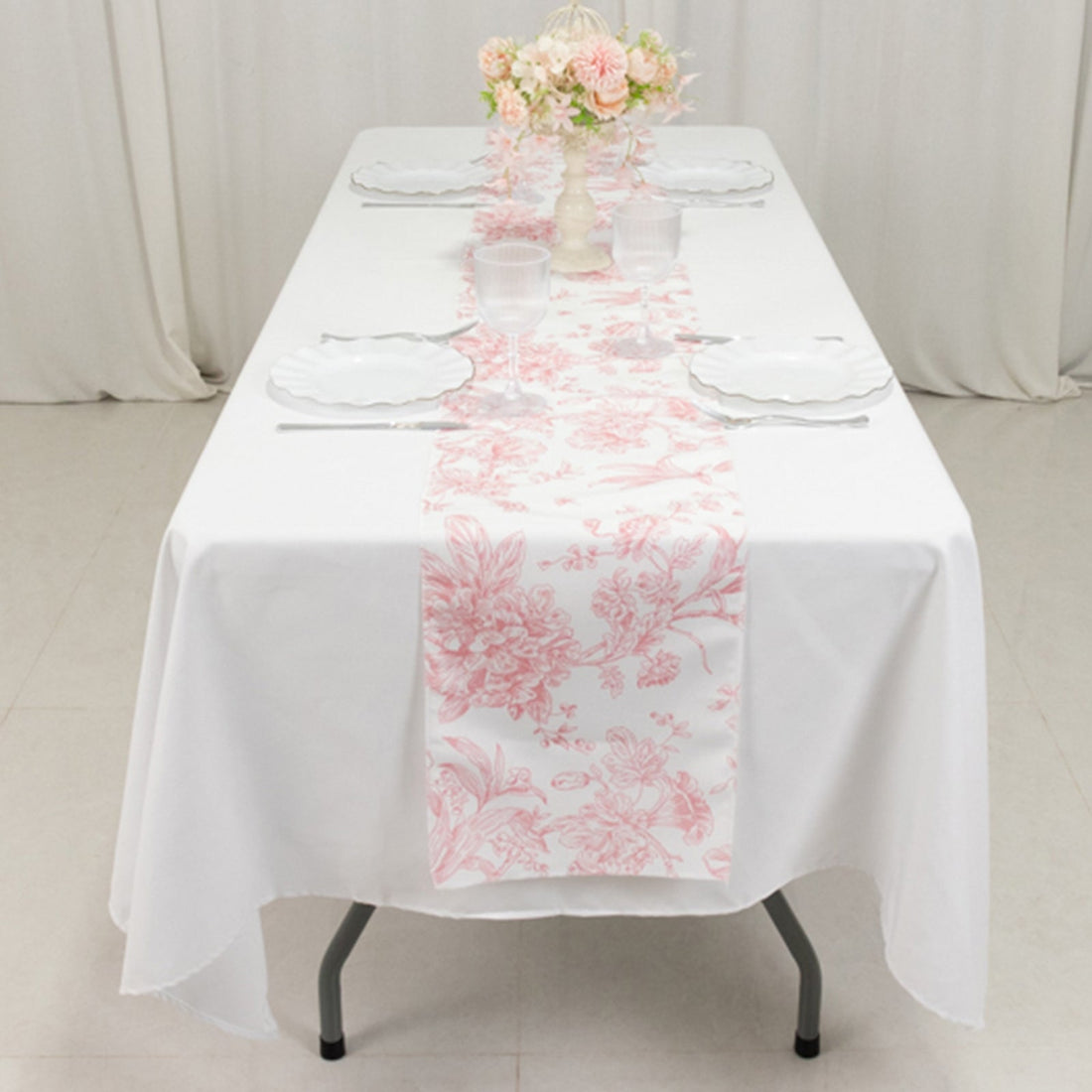 Polyester Floral Table Runner 12"x108" White/Pink | eFavormart