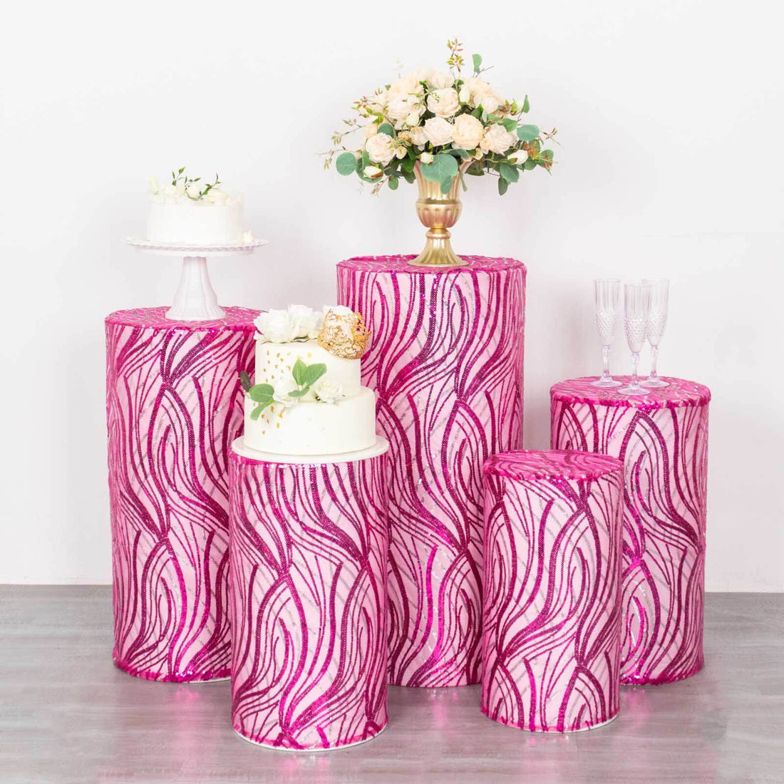 5 Fuchsia Wave Mesh Cylinder Pillar Prop Covers | eFavormart