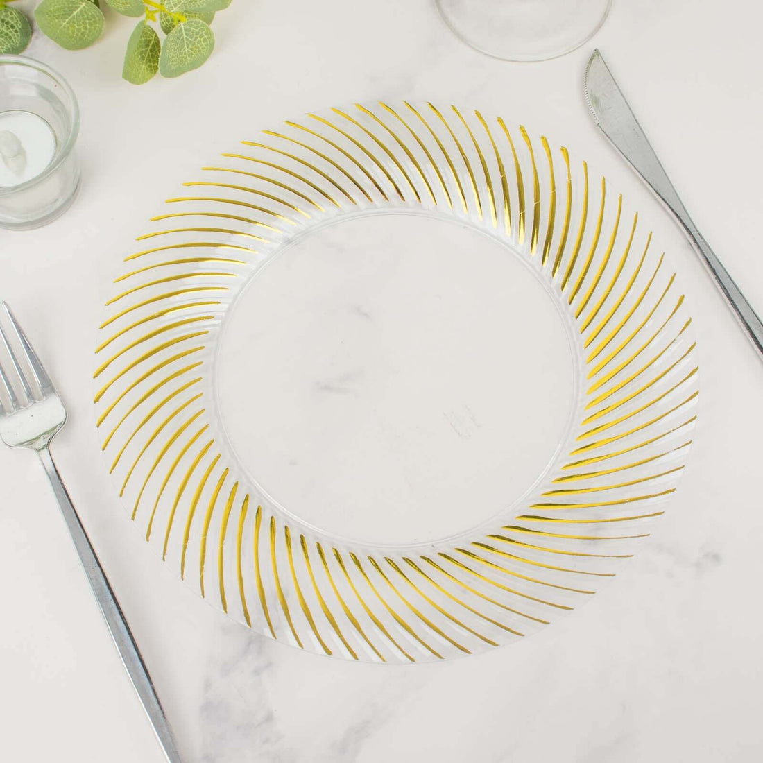Plastic Swirl Dinner Plates 9" Clear/Gold | eFavormart