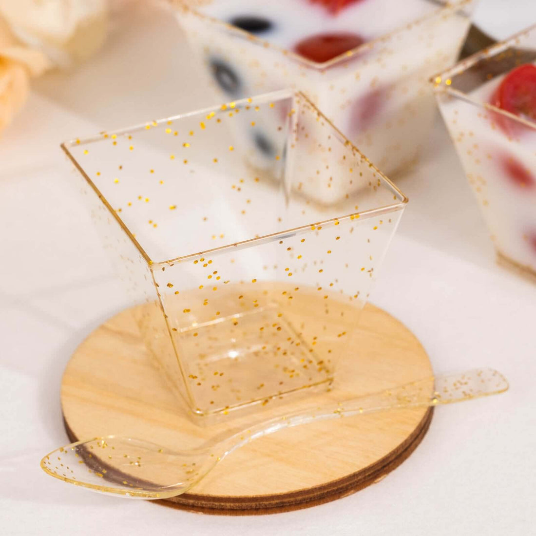 Plastic Square Dessert Cups 2oz Clear/Gold Glitters | eFavormart