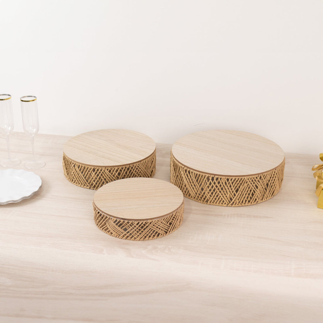 Set of 3 Jute Rattan with Wooden Top Cake Stands Natural | eFavormart