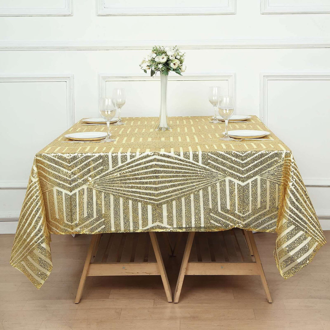 Diamond Glitz Sequin Square Table Overlay 72"x72" Gold | eFavormart