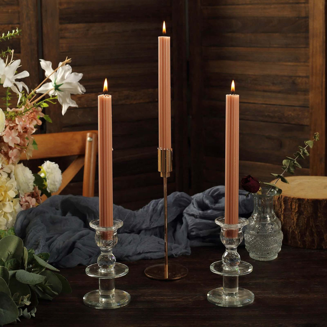 Beige Ribbed Taper Candles 5 Pack | eFavormart