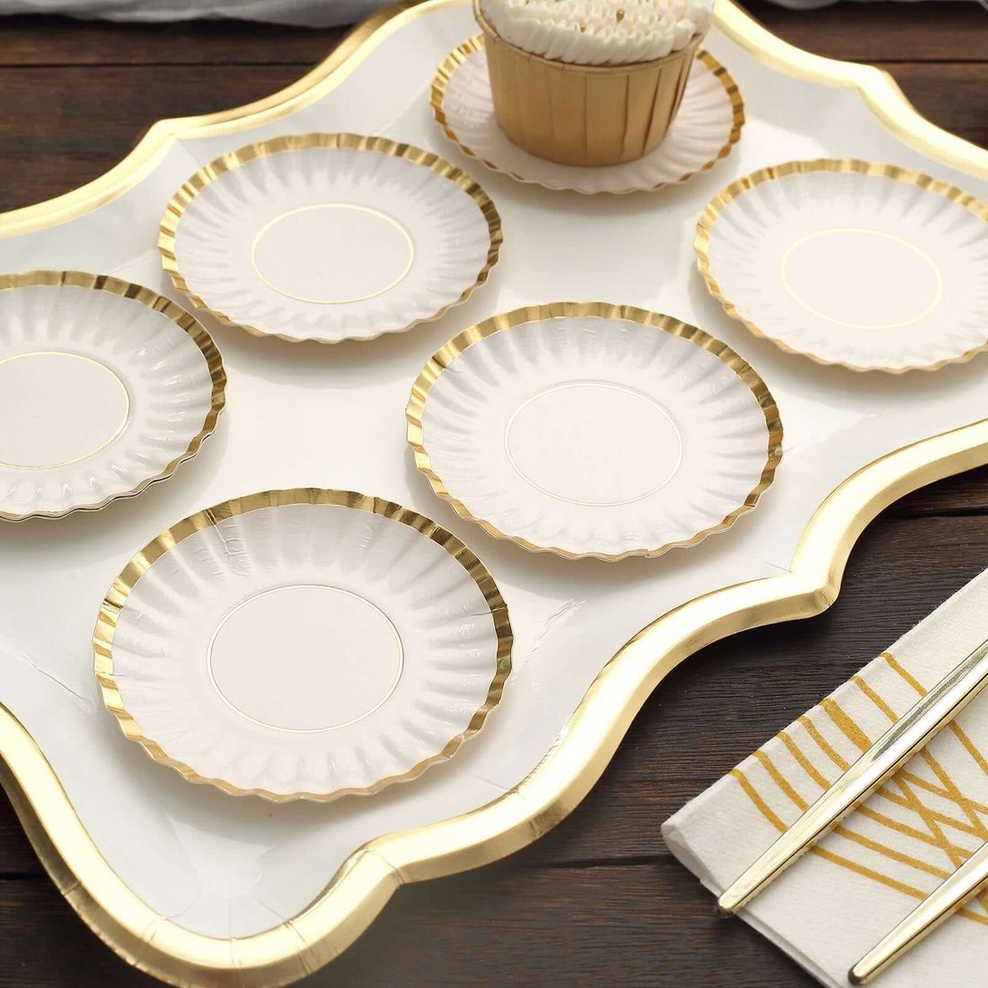 Mini Paper Dessert Plates 3.5" White Gold Scalloped Rim | eFavormart