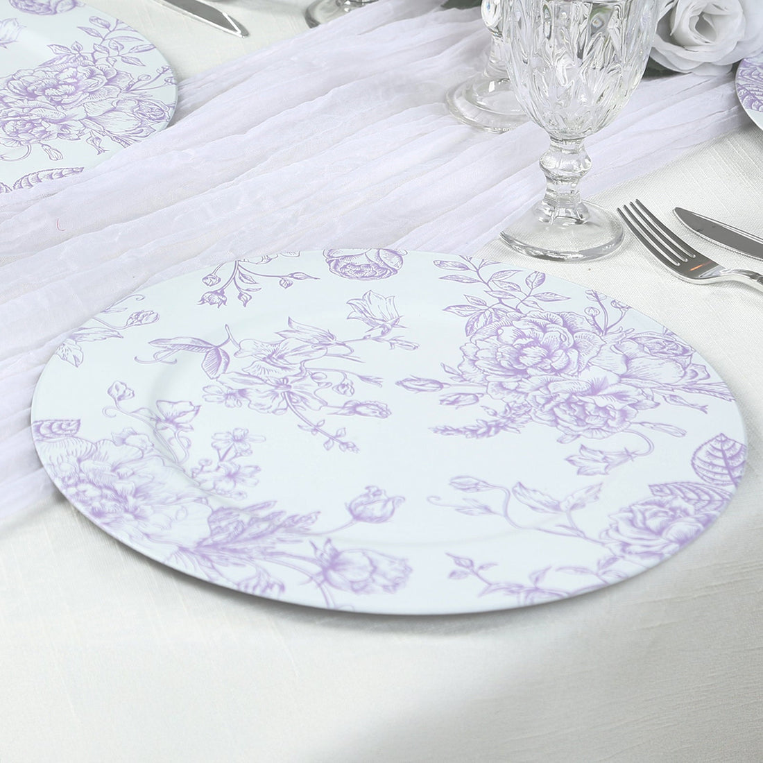 6 Pack White Lavender Acrylic Charger Plates, 13" | eFavormart