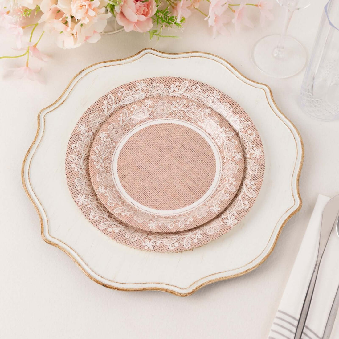 Paper Round Dinner Plates 9" Natural Burlap Print | eFavormart