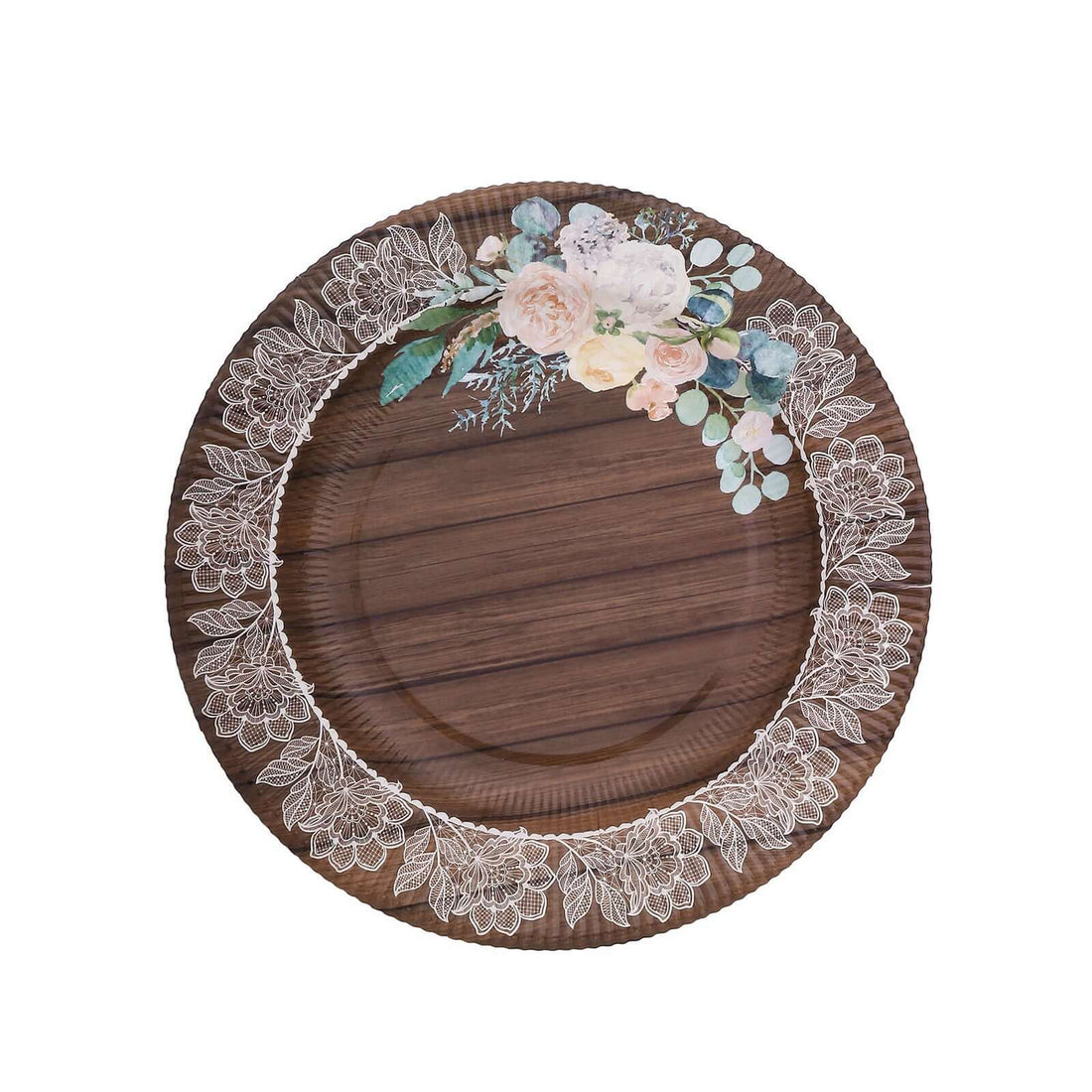Paper Round Dinner Plates 10" Brown Wood Print | eFavormart