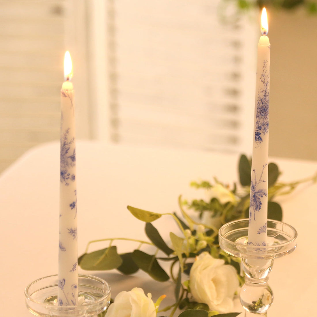 White & Blue French Toile Wax Taper Candles | eFavormart