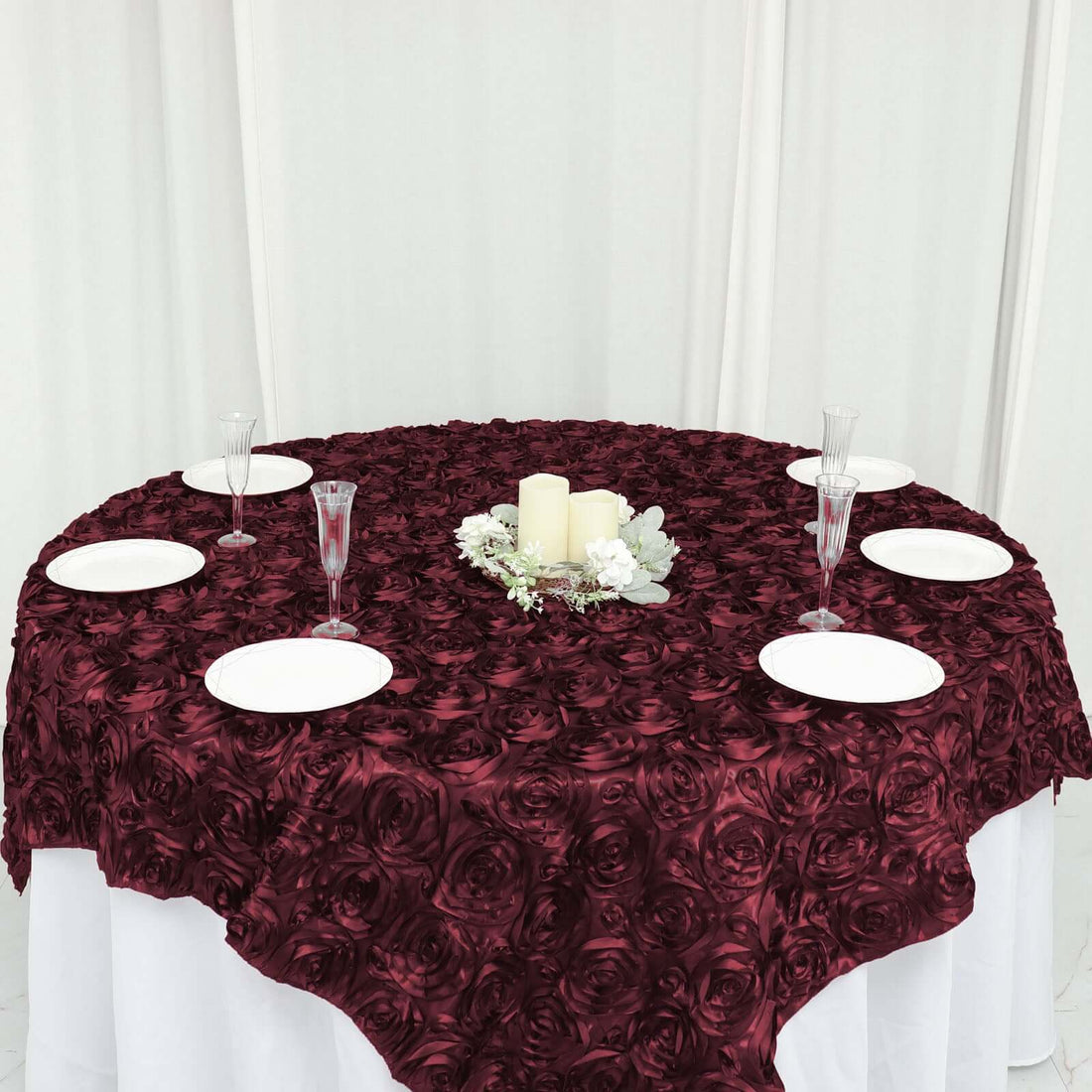 Rosette Satin Overlay 72"x72" Burgundy | eFavormart