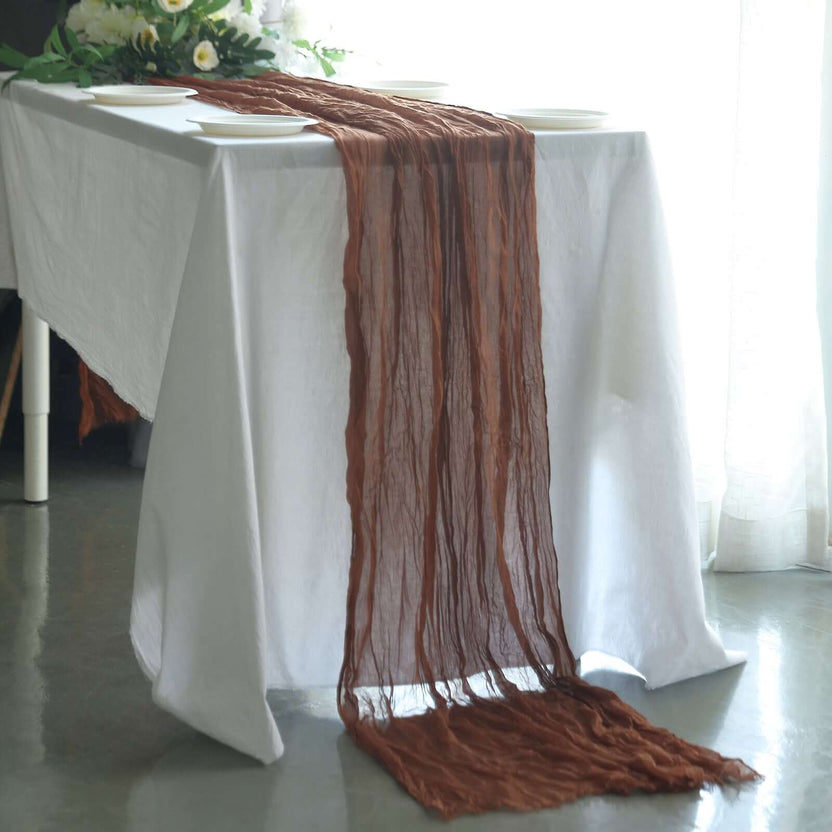Cheesecloth Boho Table Runner 10ft Cinnamon Brown | eFavormart
