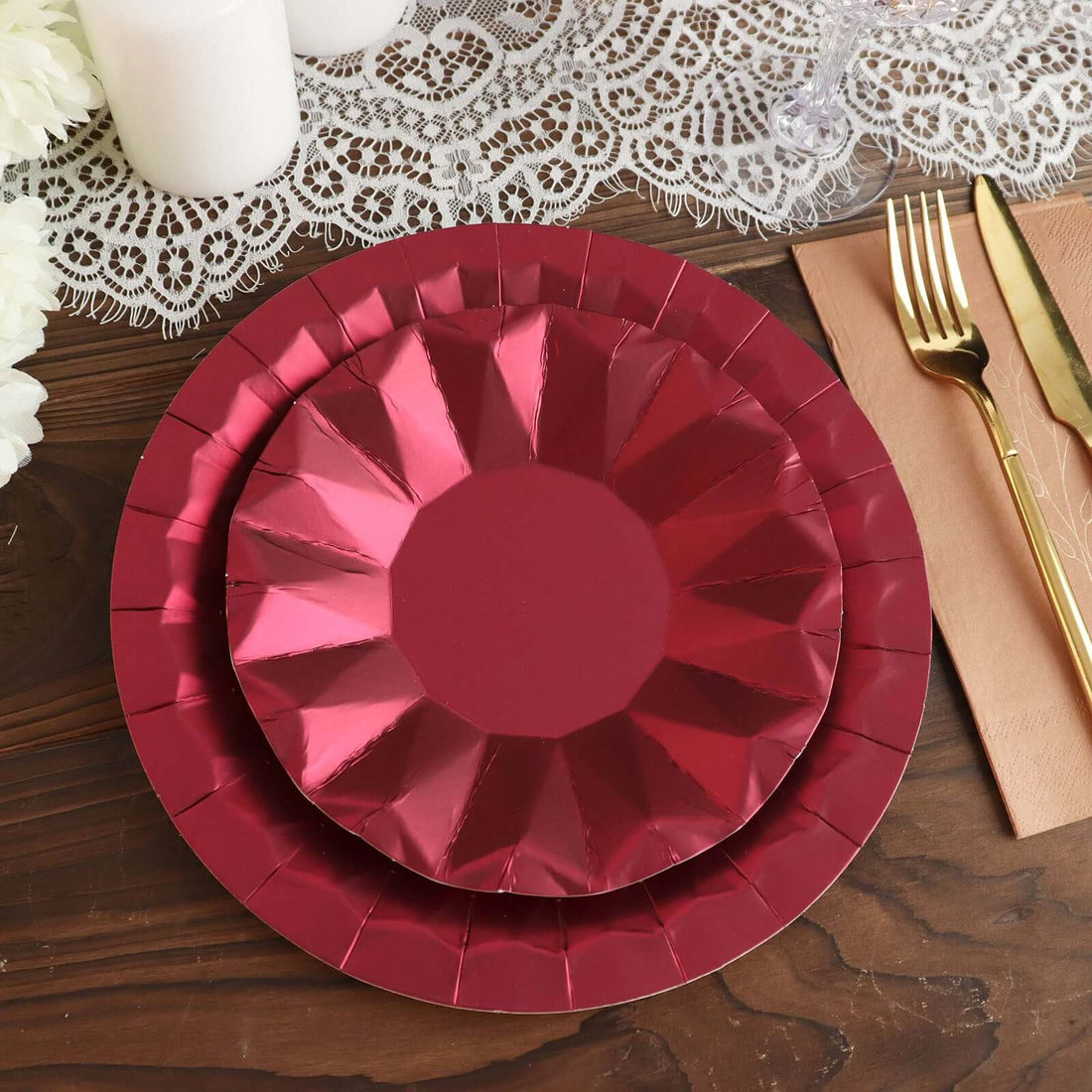 Paper Round Geometric Dessert Plates 7" Burgundy | eFavormart