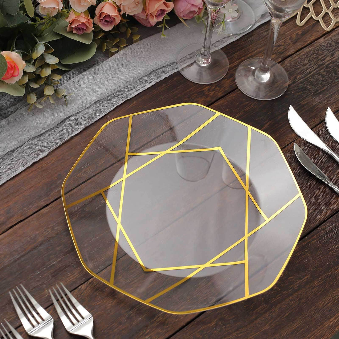 Plastic Octagon Dinner Plates 10" Clear/Gold | eFavormart