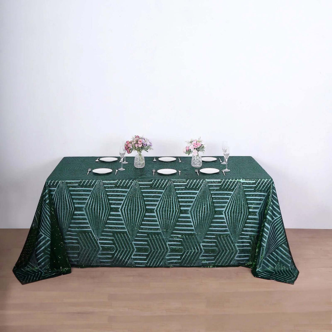Diamond Pattern Sequin Tablecloth 90"x132" Emerald Green | eFavormart