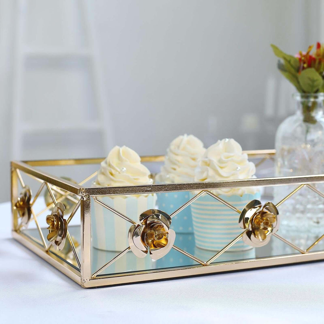 Set of 2 Rose Bordered Metal Serving Tray Gold | eFavormart
