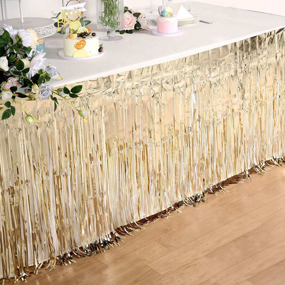 Metallic Foil Fringe Table Skirt 30"x9ft Champagne | eFavormart