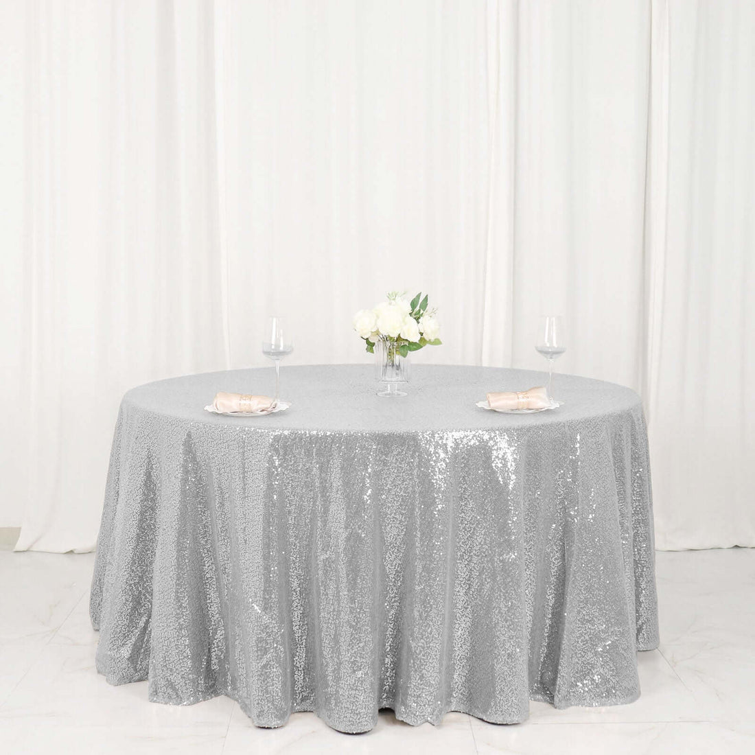 Sequin Round Tablecloth 120" Silver | eFavormart