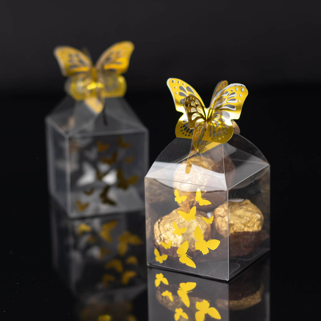 25 Pack Clear Gold Butterfly Plastic Favor Boxes | eFavormart